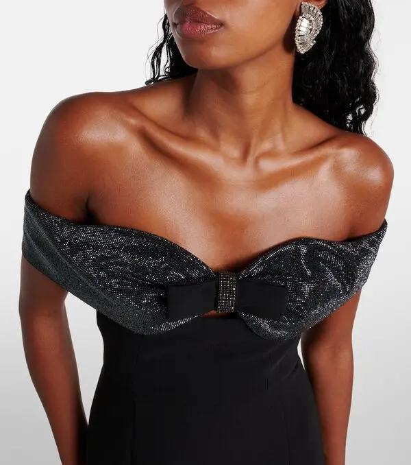 self portrait women's off shoulder bow dress Self-Portrait Diamante Bow Crepe Off-the-Shoulder Midi Dress