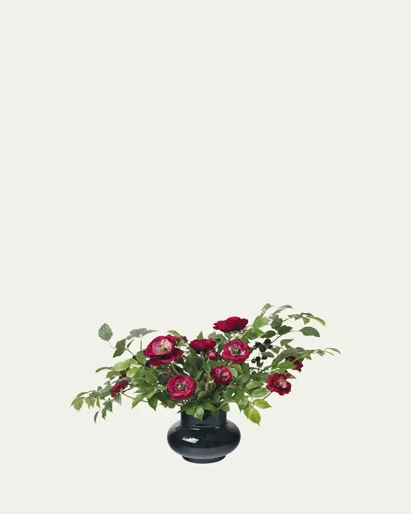 DIANE JAMES Blackberry Branches, Ranunculus, And Leaves 24" Faux Floral Arranget In Black Glass Vase - One-color