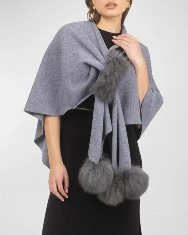 Gorski Wool Capelet With Shearling Pompoms - Gray
