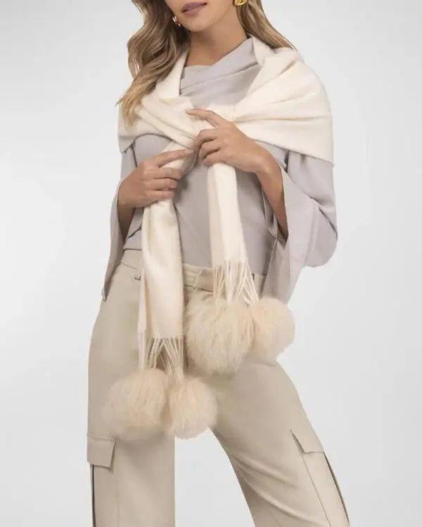 Gorski Select Cashmere Stole With Lamb Shearling Poms - Ivory