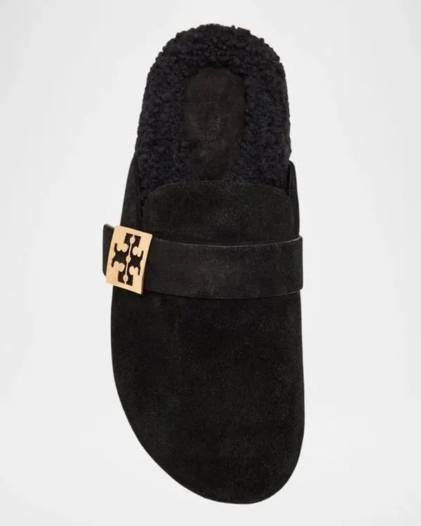 Tory Burch Mellow Suede Shearling Loafer Mules - Black