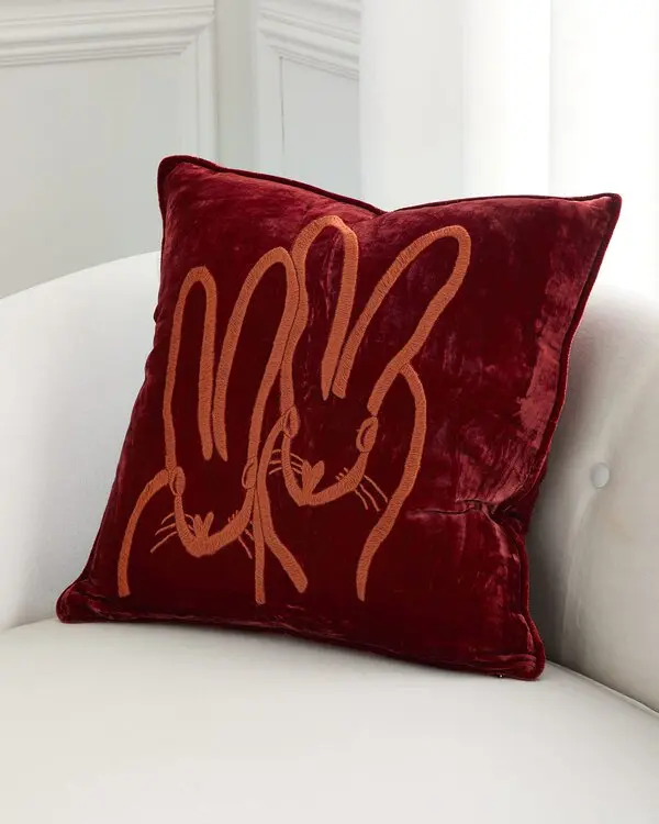 HUNT SLONEM Hand-embroidered Velvet Decorative Pillow, 20" Square - Burnt Orange