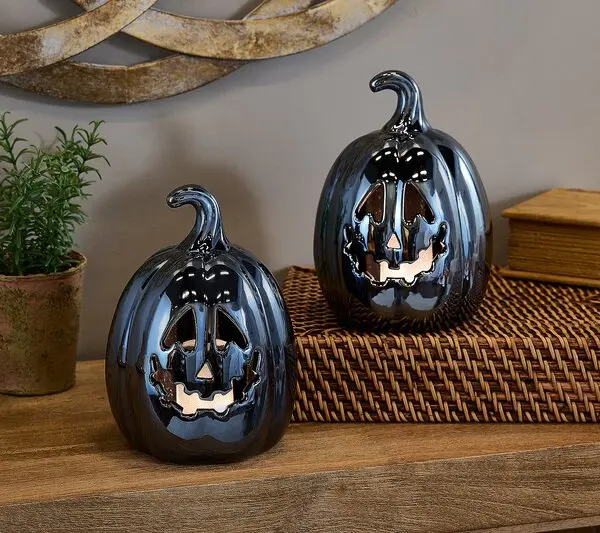 VALERIE PARR HILL As Is Set Of 2 7' Illuminated Ceramic Jack-o- Lanterns - One-color
