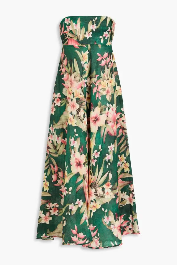 Zimmermann Strapless Shirred Floral-print Linen Midi Dress