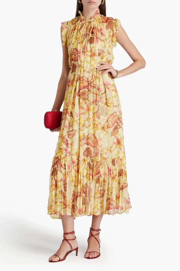 Zimmermann Floral-print Crepon Midi Dress With Ruffled Trims