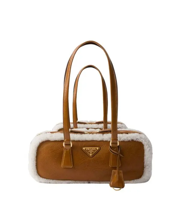 Prada Shearling Leather Tote Bag - Brown