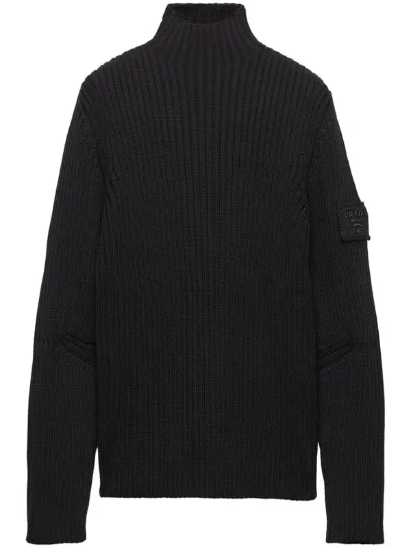 Prada Logo-patch Ribbed Knit Wool Sweater - Black