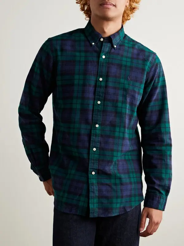 Polo Ralph Lauren Button-down Collar Logo-embroidered Checked Brushed-cotton Oxford Shirt - Blue