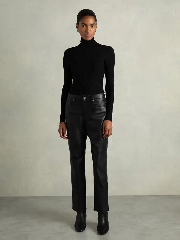REISS Verona Petite Slim-leg Leather Trousers - Black