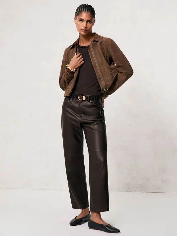 REISS Verona Petite Slim-leg Leather Trousers - Chocolate