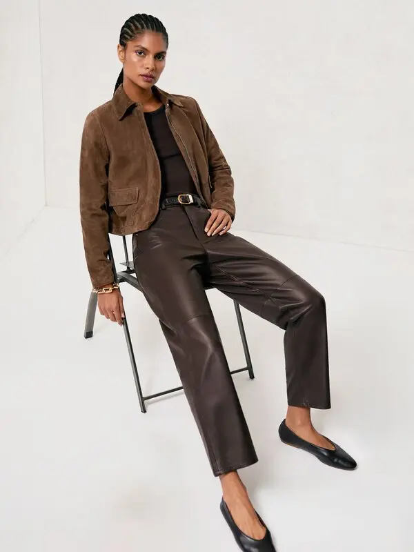 REISS Verona Leather Slim-leg Trousers - Chocolate