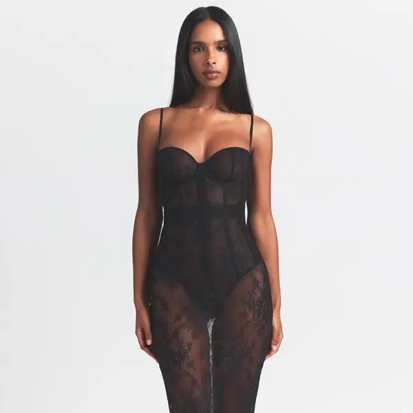 chinese dress ladies Strapless Black Corset Lace Long Prom Dress with Slit – FancyVestido main image 1