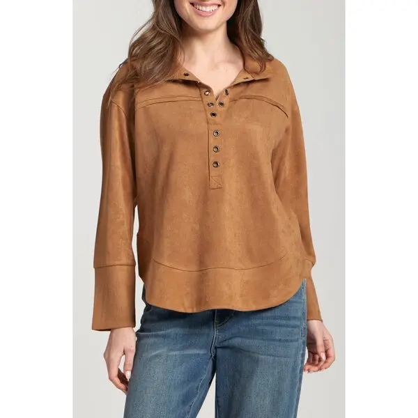 APNY Faux Leather Henley Top - Caramel
