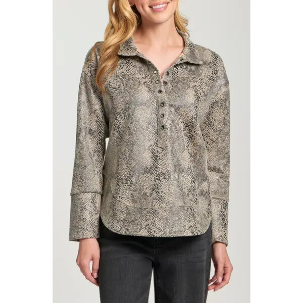 APNY Faux Leather Henley Top - Grey