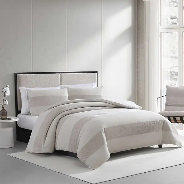 Vera Wang Chenille Waffle Stripe 3 Piece Duvet Cover Set, Queen - Moonlight