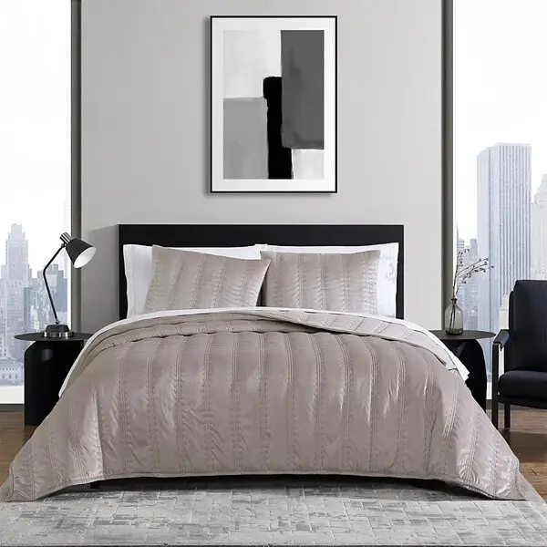 Vera Wang Velvet Linear Stitch 3 Piece Quilt Set, Queen - French Clay