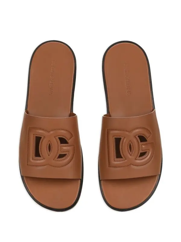Dolce & Gabbana Embossed-logo Leather Slides - Brown