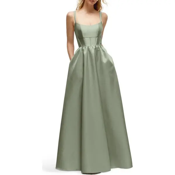 Dessy Collection Sleeveless Corset Satin Gown - Sage