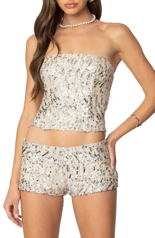 EDIKTED Wavy Sequin Strapless Corset Top