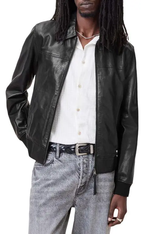 ALLSAINTS フード付きブラックレザージャケット ブラックレザージャケット | オールセインツ 公式オンラインストア