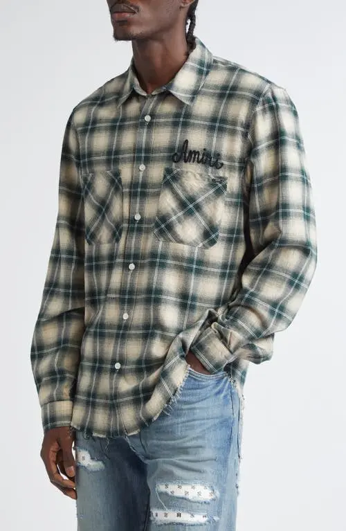 Amiri Shotgun Distressed Plaid Flannel Button-up Shirt - Evergreen