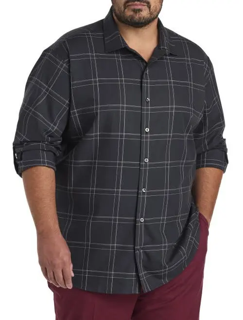 SYNRGY BY DXL Big & Tall Large Plaid Roll-tab Sport Shirt - Black