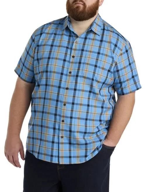 HARBOR BAY BY DXL Big & Tall Microfiber Large Plaid Sport Shirt - Blue Yellow