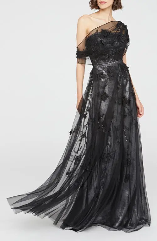 Theia Lenora Metallic Floral Appliqu Gown - Black/Gunmetal | Editorialist