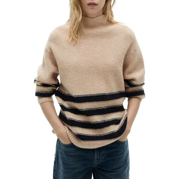 Mango Perkins Collar Striped Sweater - Ecru