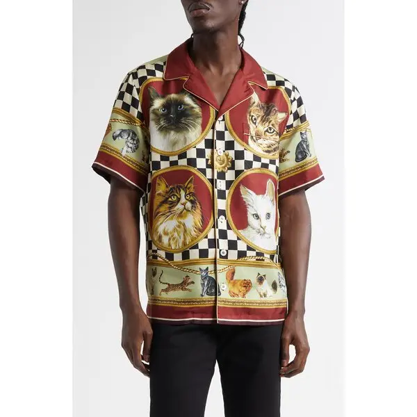Dolce & Gabbana Cat Print Silk Camp Shirt