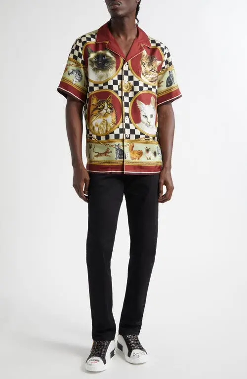 Dolce & Gabbana Cat Print Silk Camp Shirt