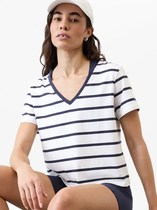 Athleta Essential V-neck Tee - Winona Navy Stripe