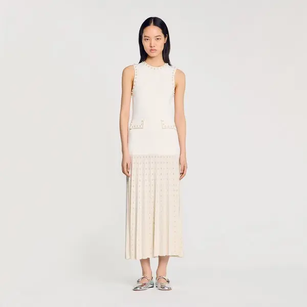 Sandro Pearl Bead Knit Maxi Dress In Ecru - 50% Off | Editorialist