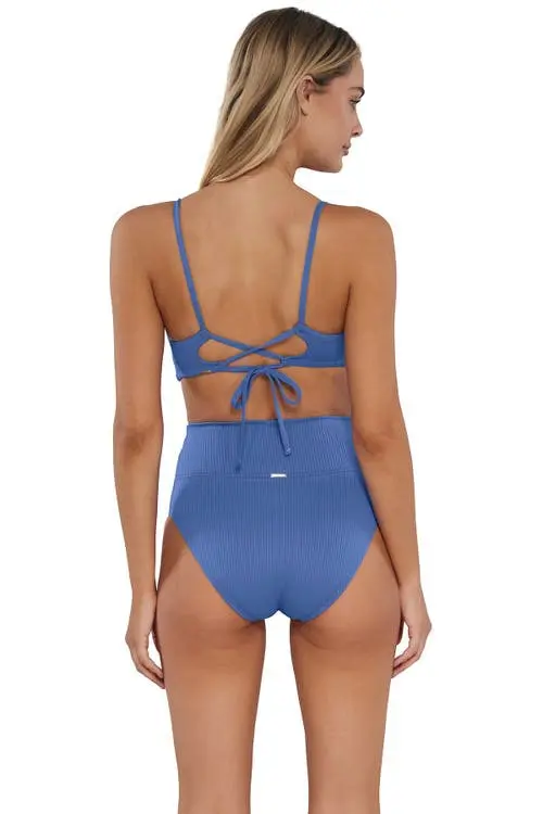 SUNSETS Hannah High Waist Bikini Swim Bottom - Harbor Blue Sandbar Rib