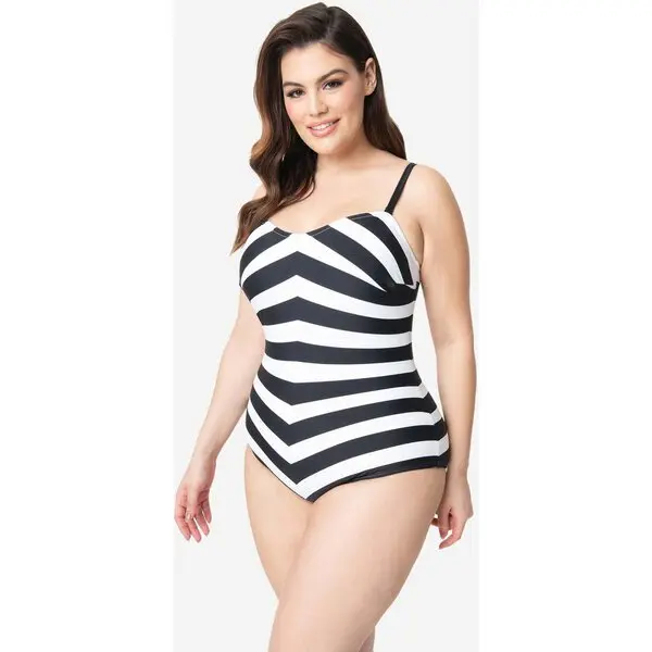 Unique Vintage Chevron Striped One-piece Swimsuit - Black/ White