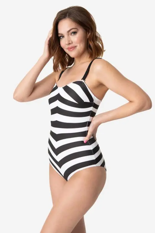 Unique Vintage Chevron Stripe One Piece Bathing Suit - Black/ White