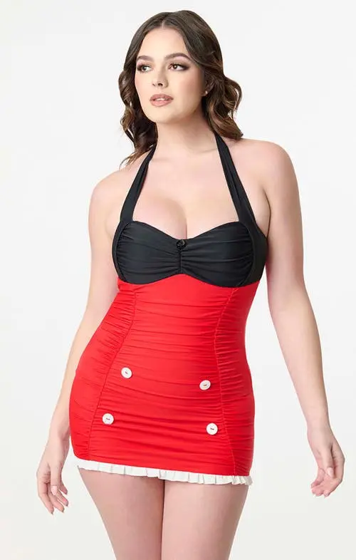 Unique Vintage Halter Swim Dress - Black/red