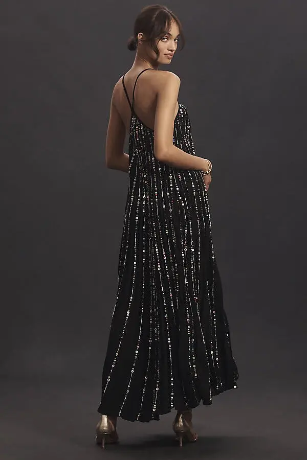 Farm Rio V-Neck Sequin Slip Dress In Black - 75% Off | Editorialist