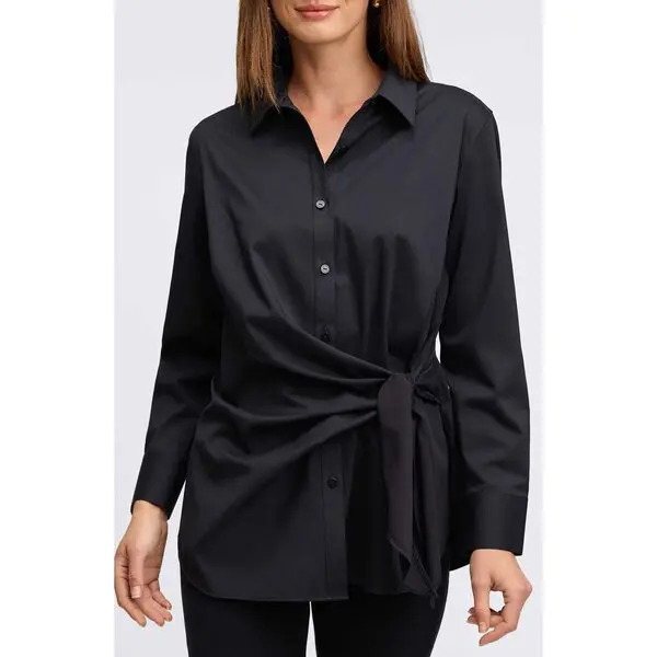 Foxcroft Sabine Side Tie Button-up Shirt - Black