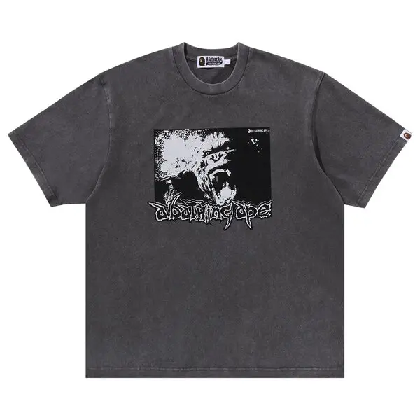 A BATHING APE Mad Ape Graphic Acid Wash Relaxed Fit Tee - Grey