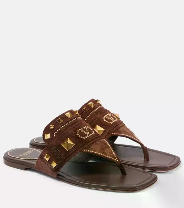 Valentino Garavani Plaster Caster Studded Suede Thong Sandals - Brown