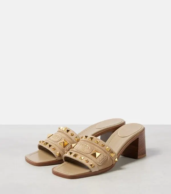 Valentino Garavani Plaster Caster 50 Studded Suede Mules - Beige