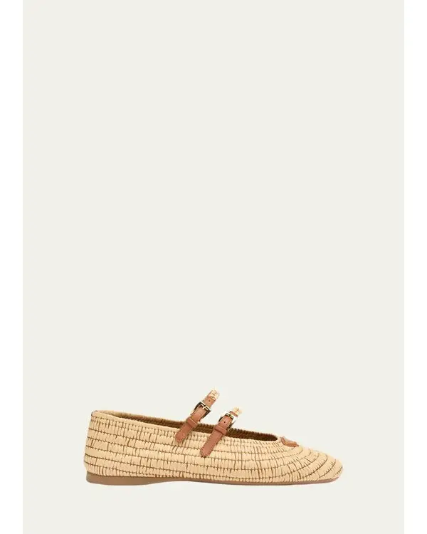 Prada Raffia Mary Jane Ballerina Flats - Beige