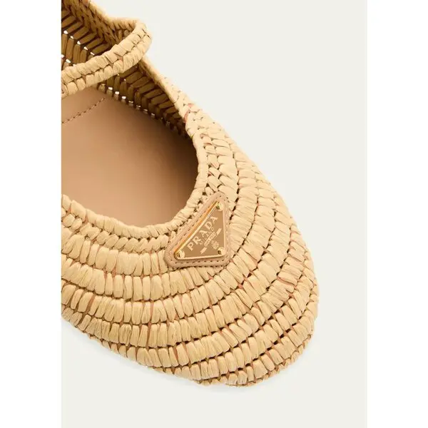 Prada Raffia Mary Jane Ballerina Flats - Beige