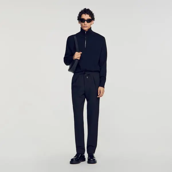 Sandro Polyester Straight Leg Trousers With Elastic Waistband - Black