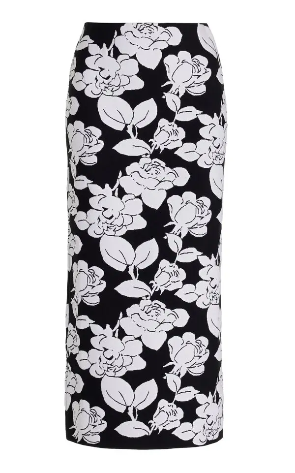 Carolina Herrera Knit Floral Jacquard Midi Pencil Skirt - Black,white