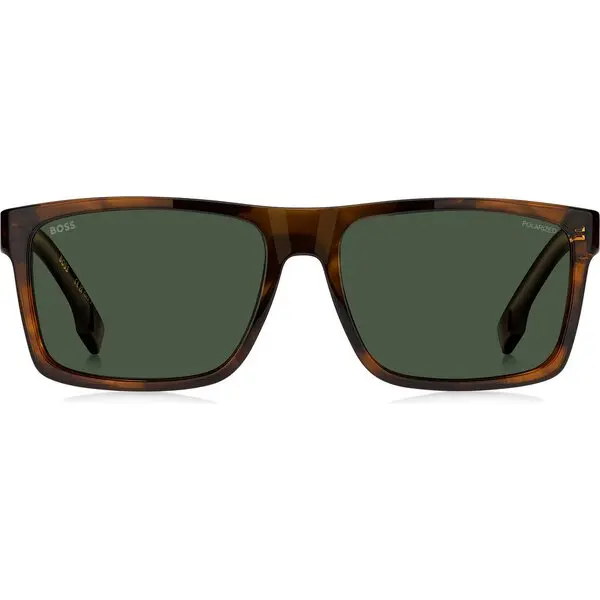 BOSS 59mm Polarized Rectangle Sunglasses - Brown Horn/ Green Polar