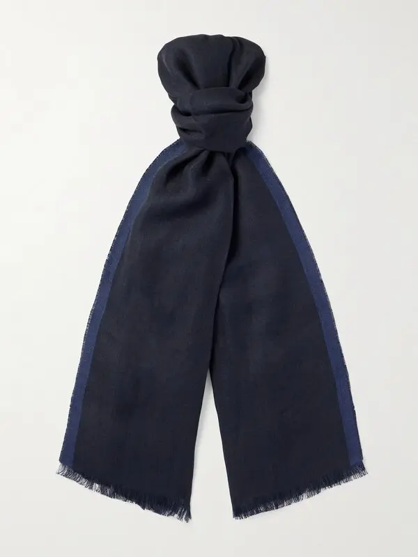 Brunello Cucinelli Fringed Striped Linen Scarf - Blue