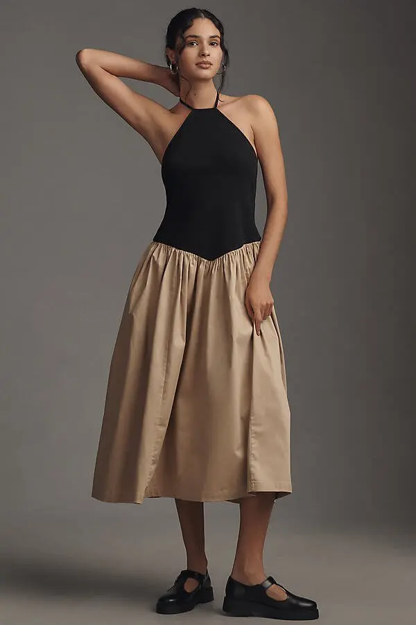 Maeve Halter Basque-Waist Midi Dress In Black - 70% Off | Editorialist