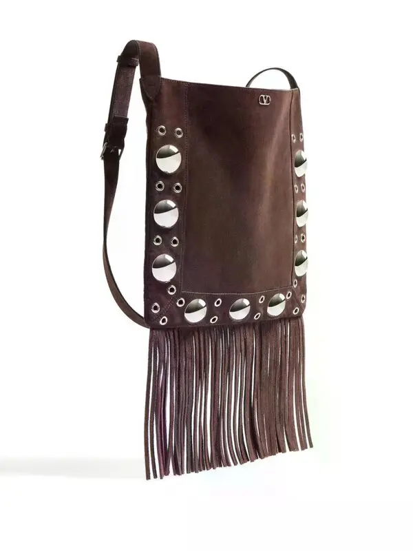 Valentino Garavani Nellcôte Suede Shoulder Bag With Fringes And Studs - Brown